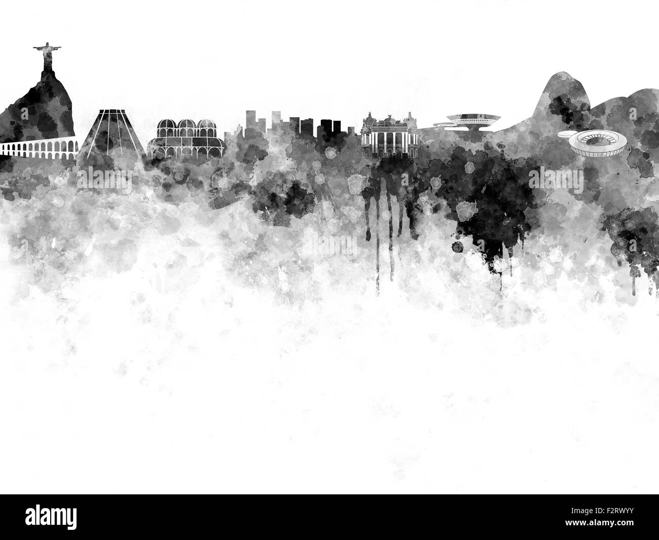 Rio de Janeiro skyline in black watercolor on white background Stock ...