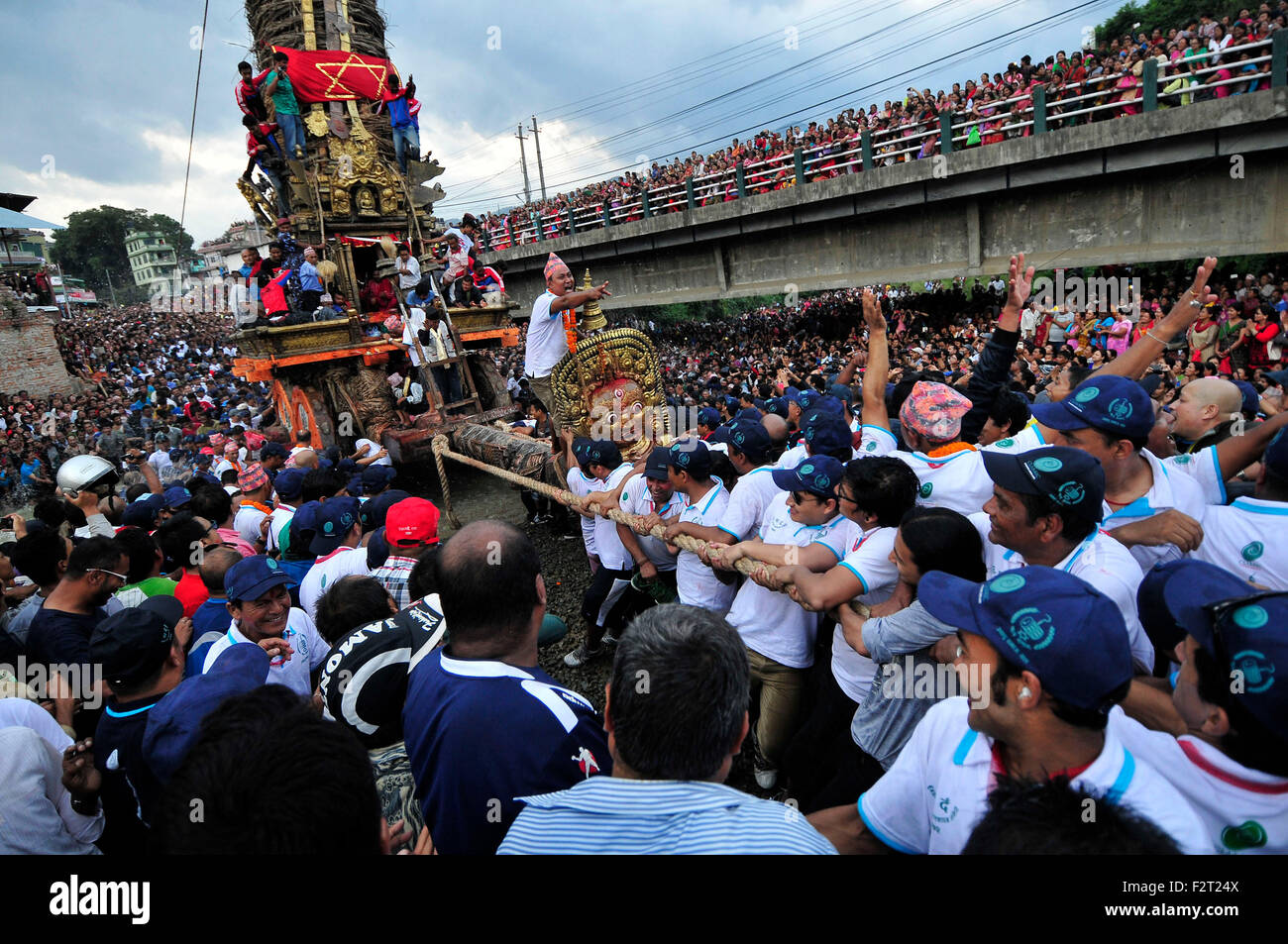 Kathmandu, Nepal. 23rd Sep, 2015. The devotees pulling the rope of the ...
