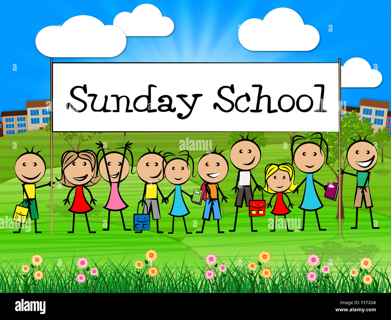 Sunday School Banner Indicating Pray Spiritual And Kids Stock Photo - Alamy