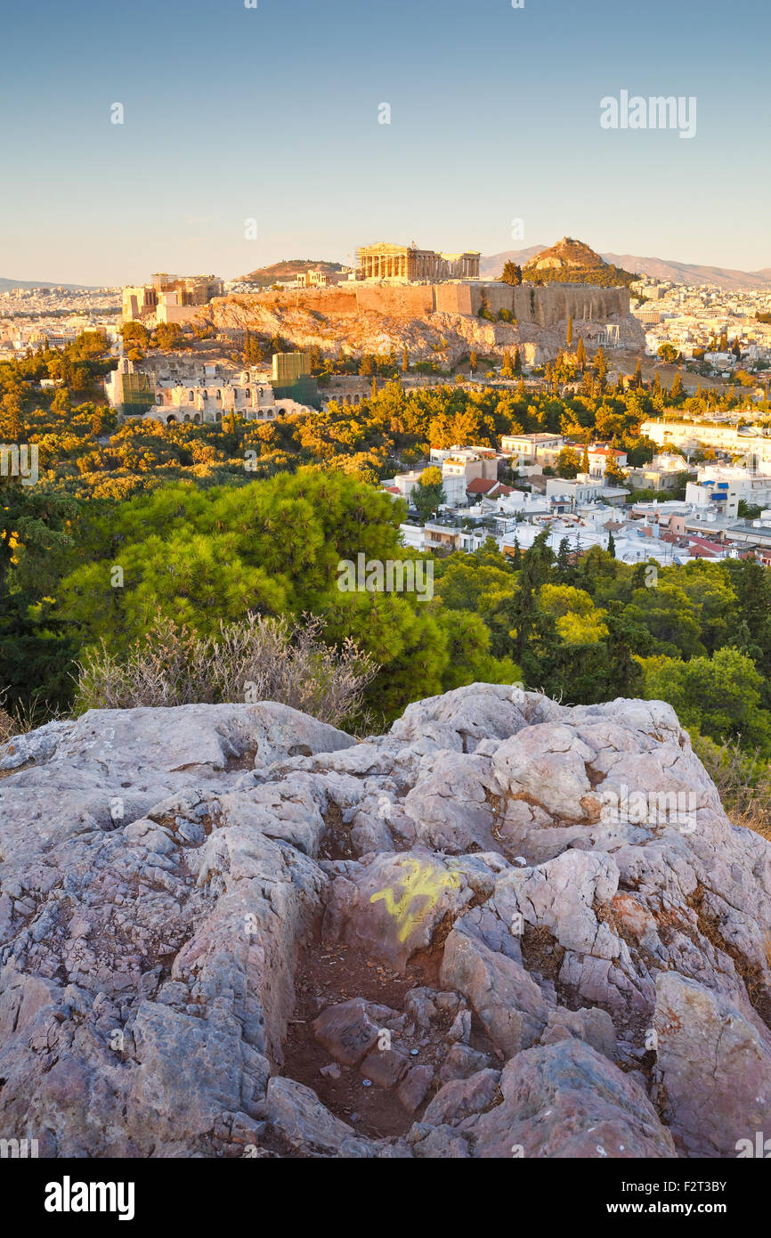 Evening view of Acropolis from Filopappou hill in central Athens Stock ...
