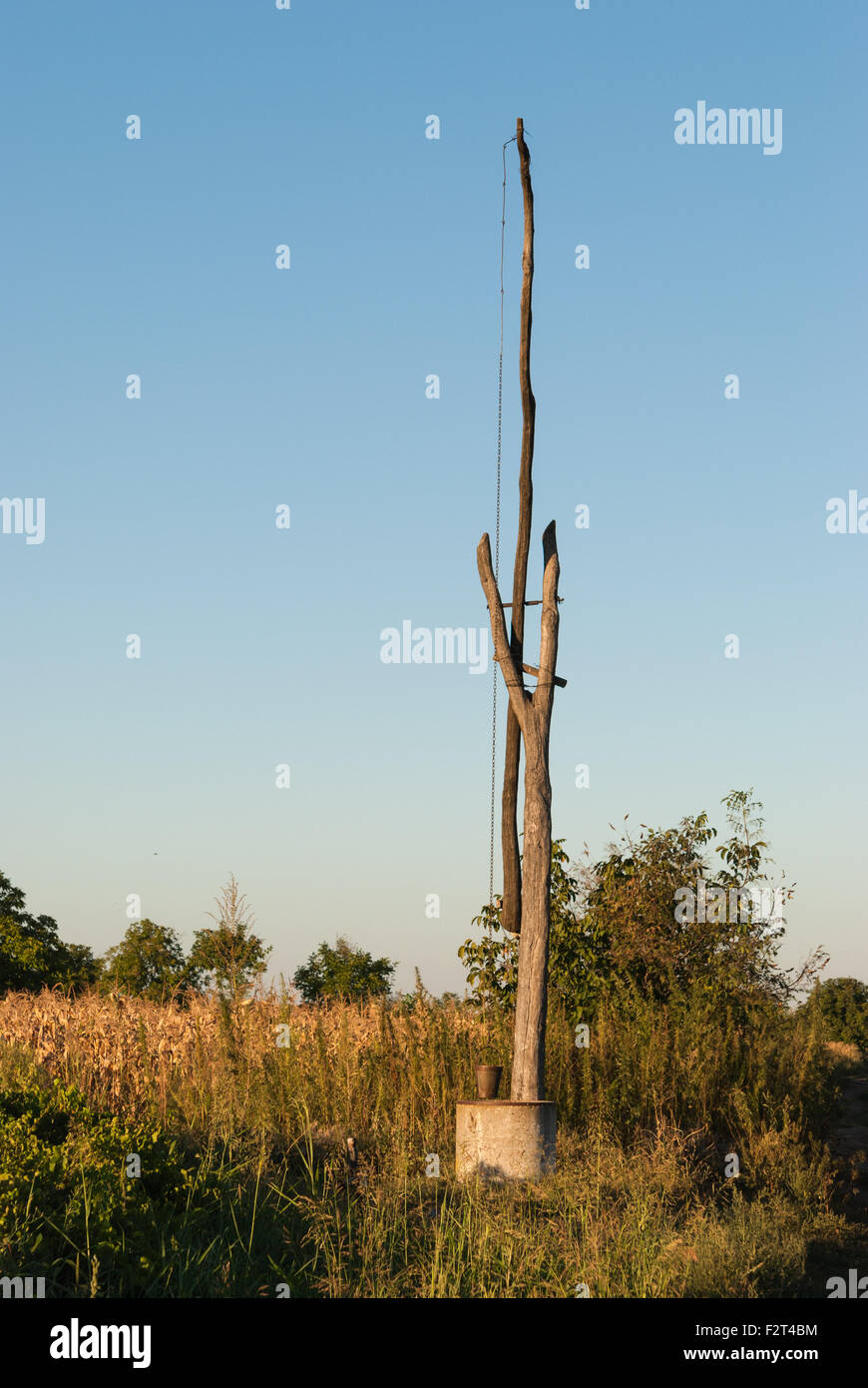 Traditional old wooden shadoof (swape, well pole, well sweep) with ...