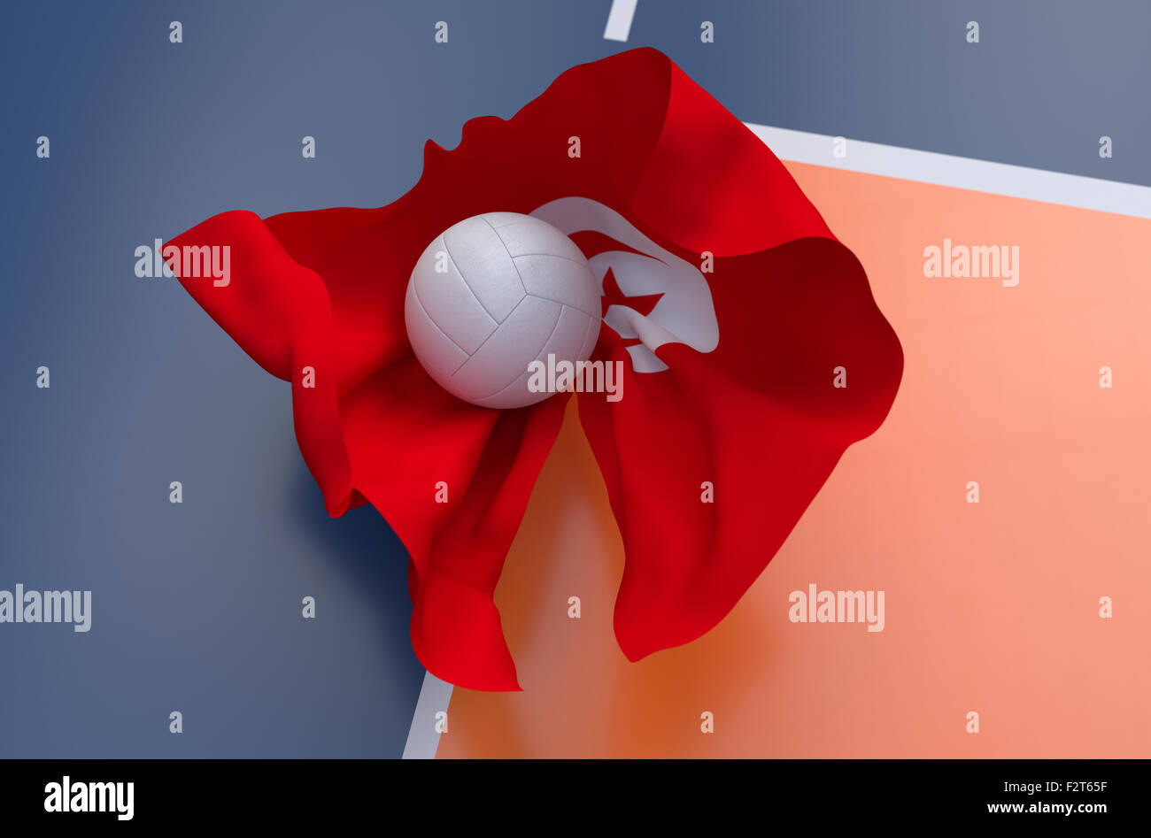 Flag Of Tunisia With Championship Volleyball Ball On Volleyball Court