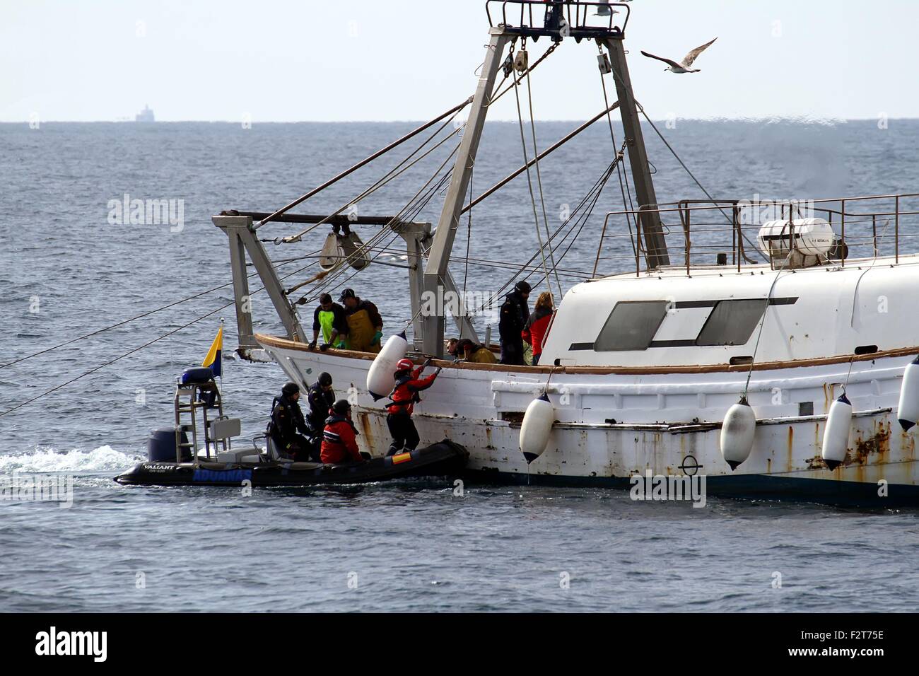 Trawler fishing boat in open waters Stock Photo - Alamy