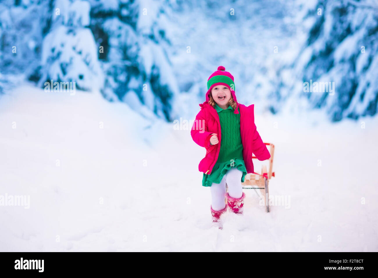 Little girl enjoying a sleigh ride. Child sledding. Toddler kid riding a sledge. Children play ...