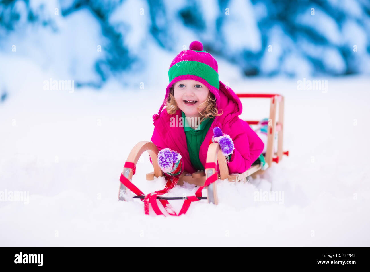 Little girl enjoying a sleigh ride. Child sledding. Toddler kid riding a sledge. Children play ...