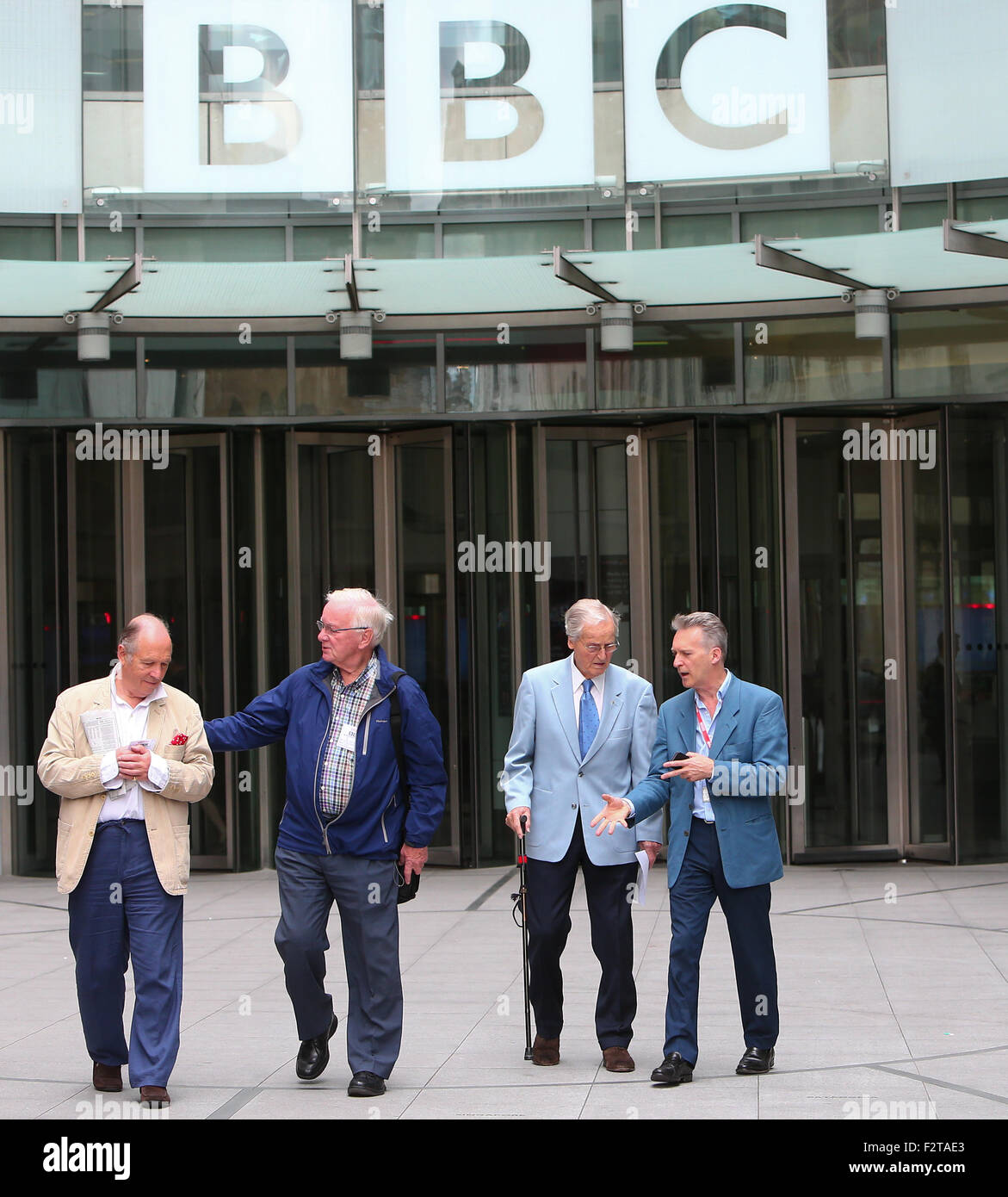 Nicholas Parsons leaves Broadcasting House using a walking stick ...