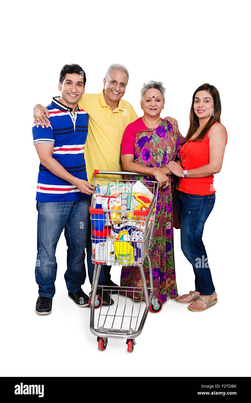 4 indian Parents son and Daughter-In-Law Trolley food shopping Stock ...
