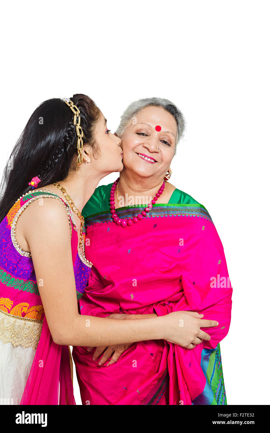 2 Indian Grandmother And Granddaughter Love Kissing Diwali Festival