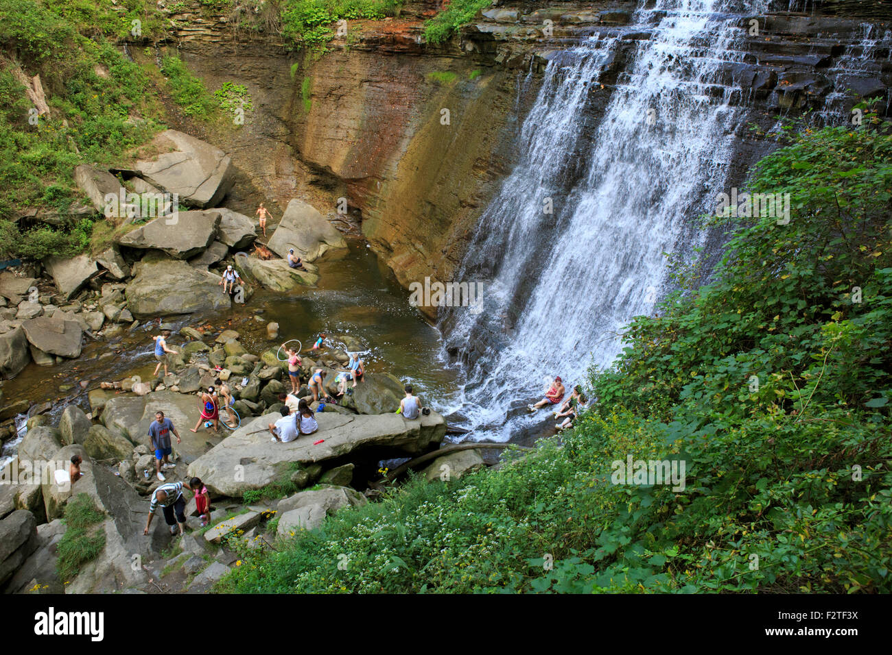 Brandywine Falls with tourists playing at the base of the falls ...