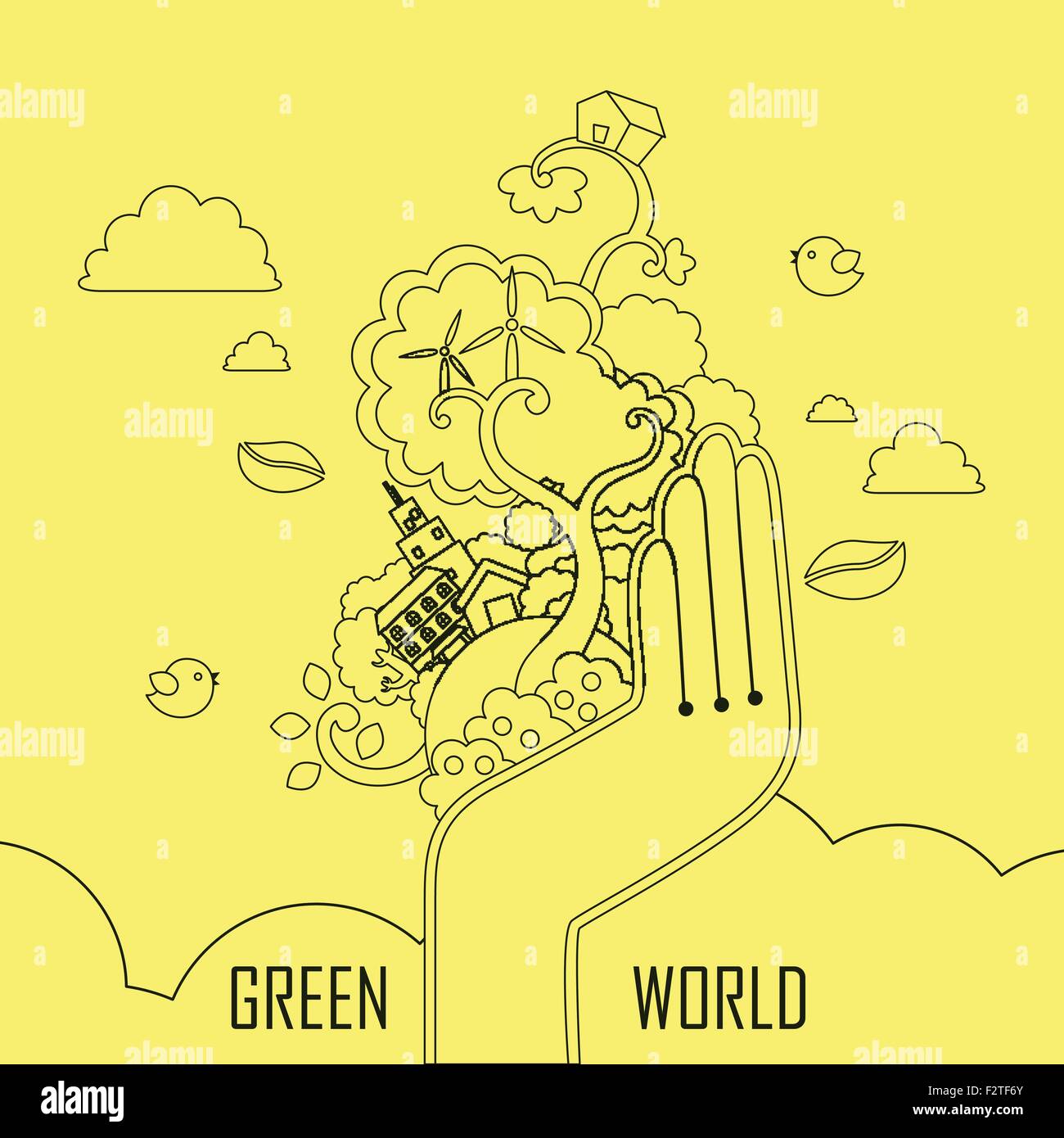 ecology concept: hand holding green world element in thin line style ...