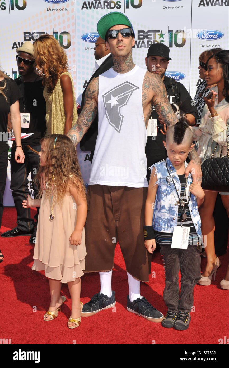 LOS ANGELES, CA - JUNE 27, 2010: Travis Barker & kids at the 2010 BET ...