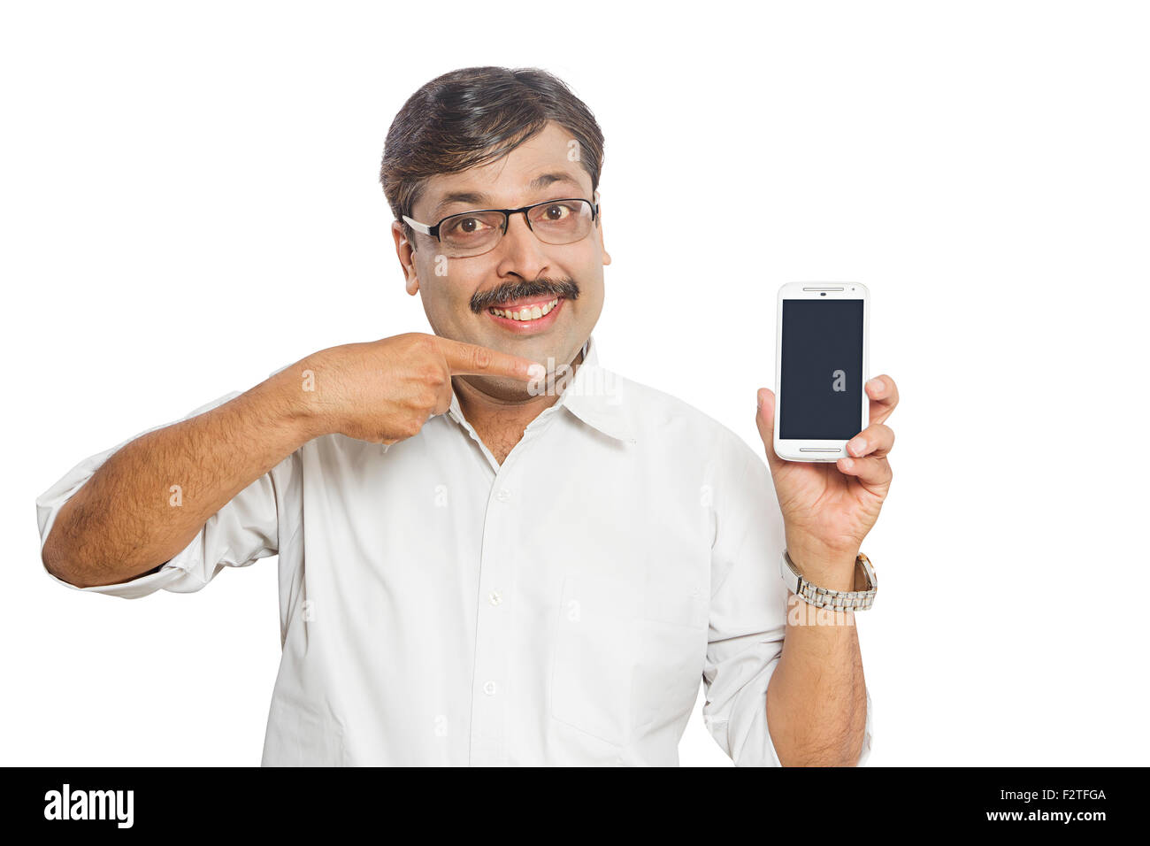 1 indian Adult Man Mobile Phone Showing Quality finger pointing Stock ...