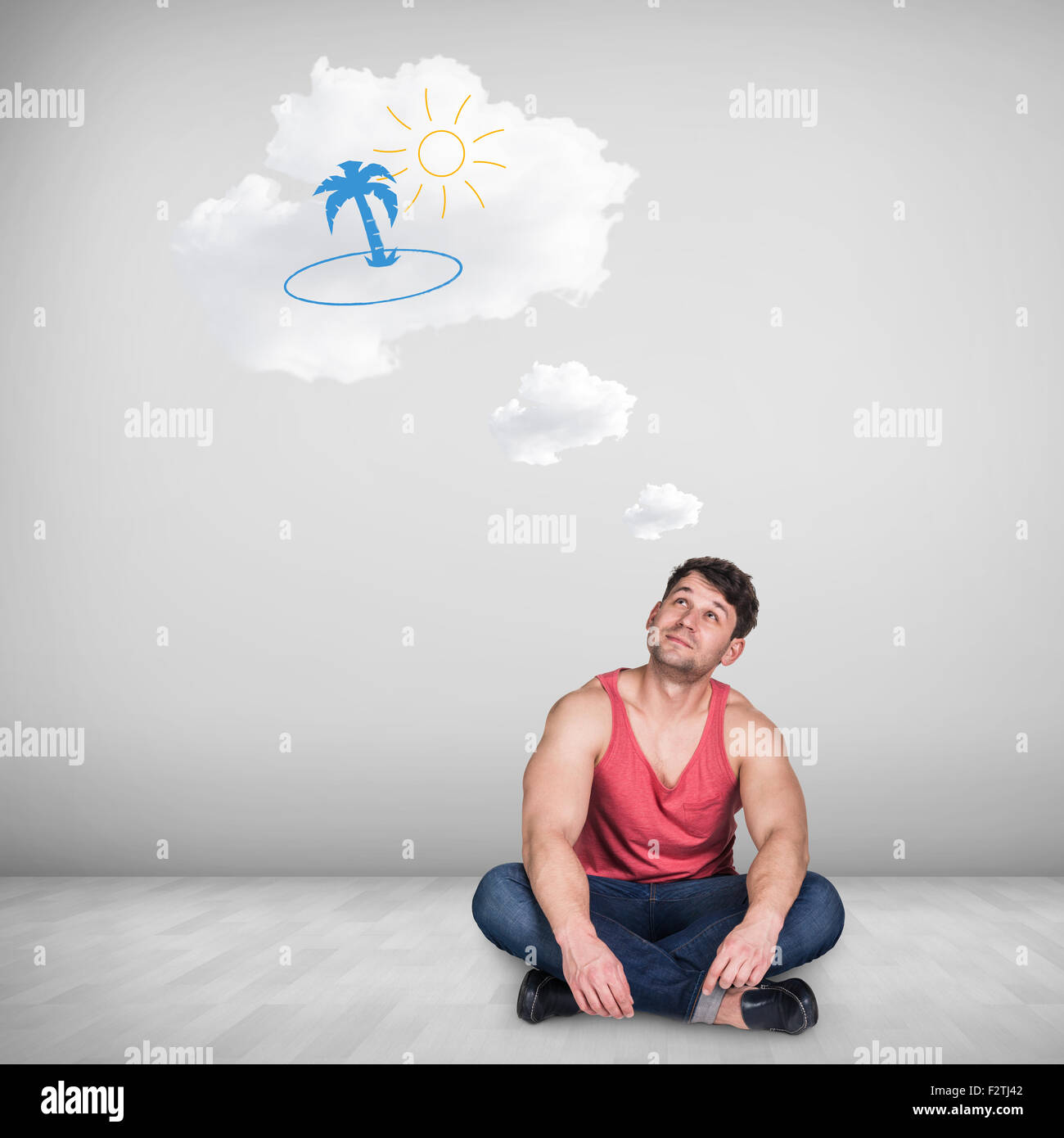 Happy businessman dreaming vacation sitting hi-res stock photography ...