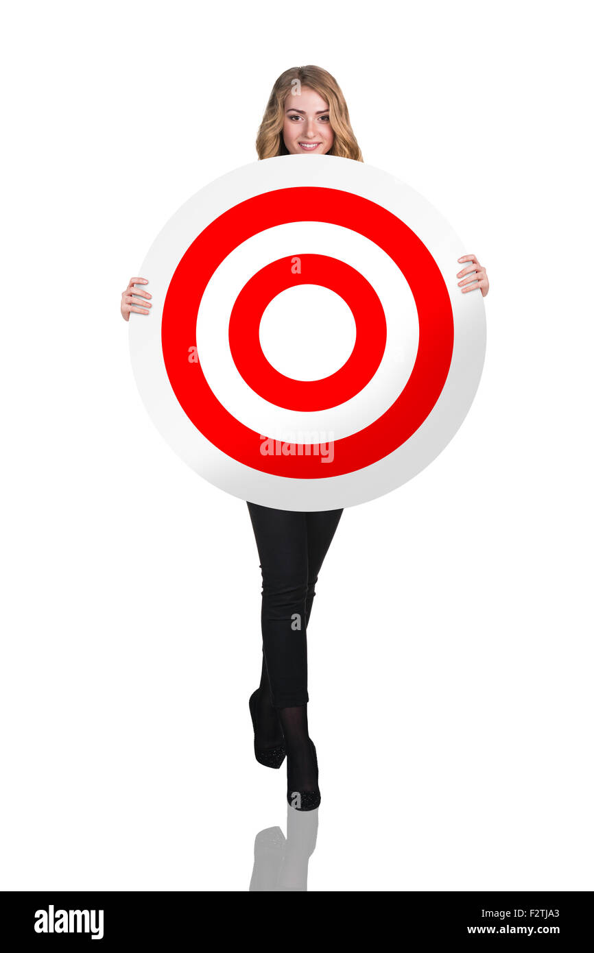 Business woman holding big target Stock Photo - Alamy