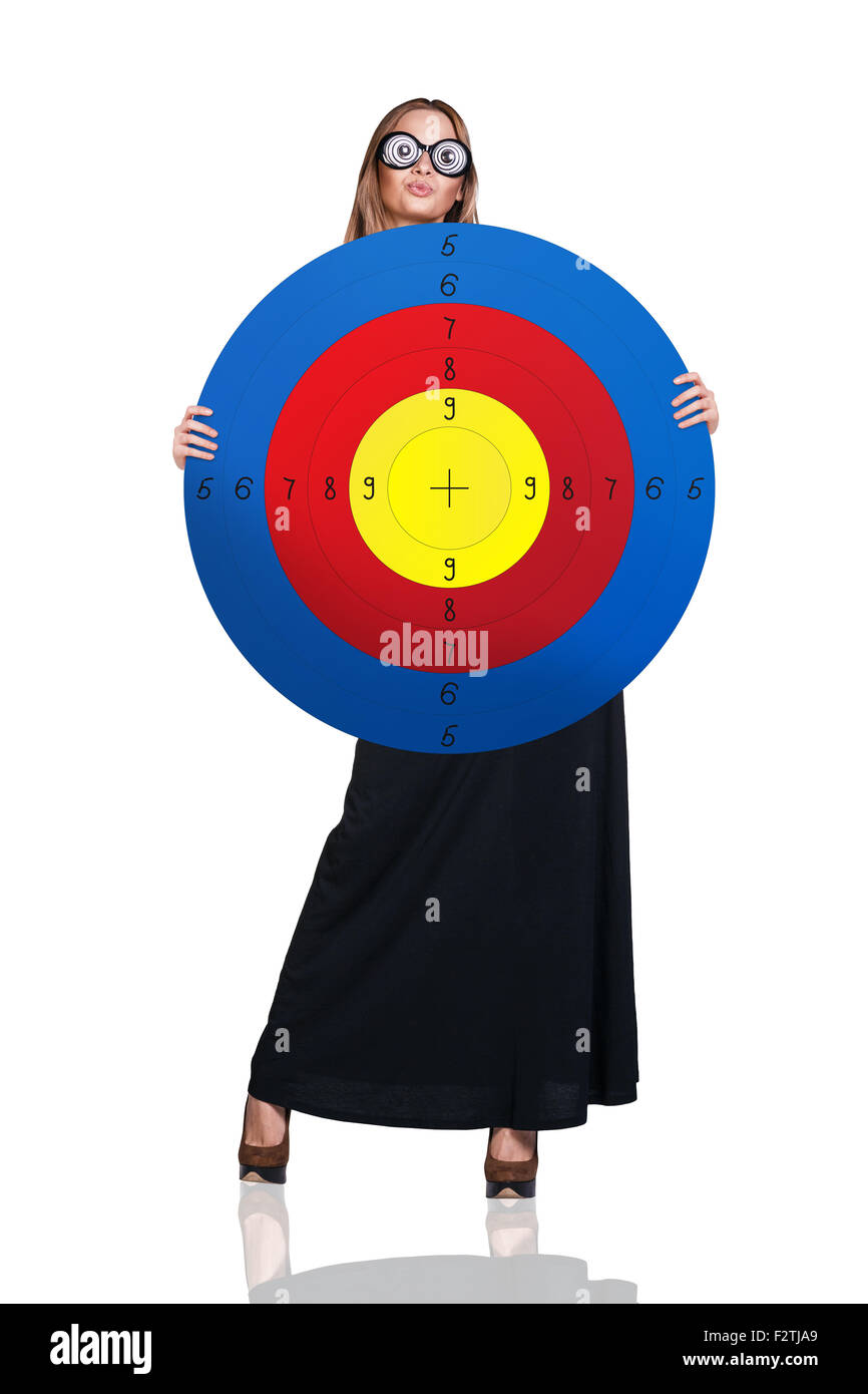 Business woman holding big target Stock Photo - Alamy