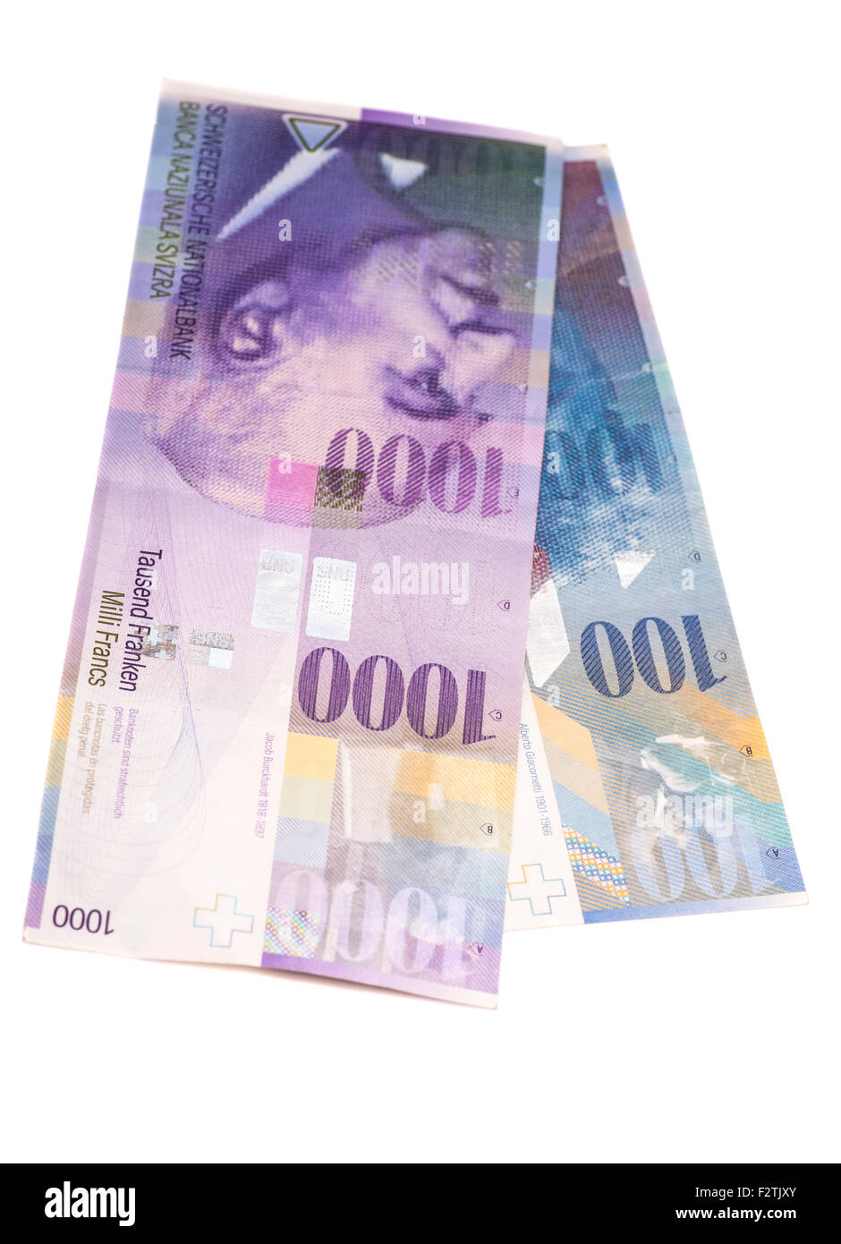 Swiss 1000 and 100 Franc notes isolated on white Stock Photo - Alamy