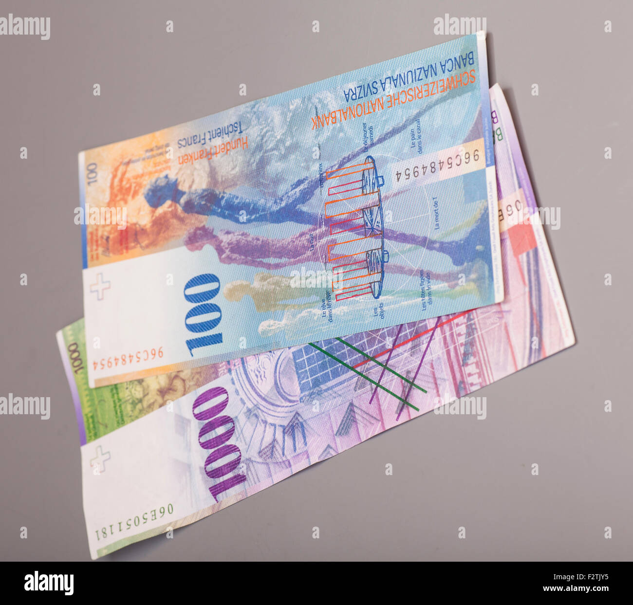 Swiss 1000 and 100 Franc notes isolated on gray Stock Photo - Alamy