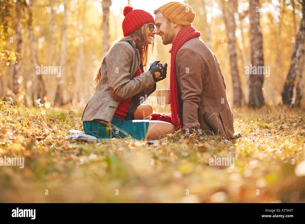 Affectionate sweethearts sitting face to face on autumn leaves Stock ...