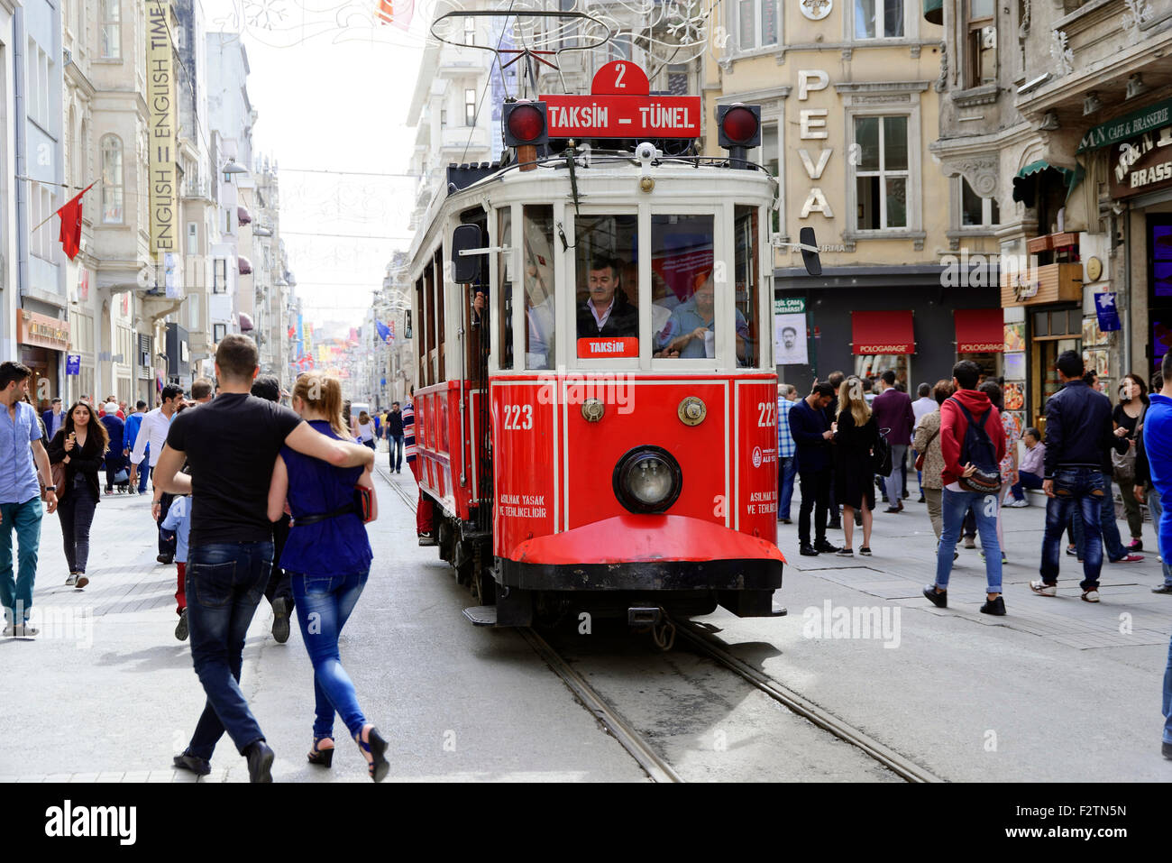 Historic tramway Nostaljik Tramvay going through Istiklal Caddesi ...