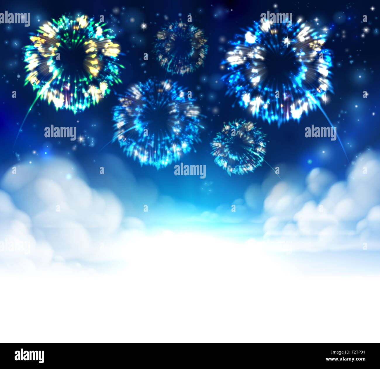 Fireworks sky background with clouds and stars. Fades to white at the ...