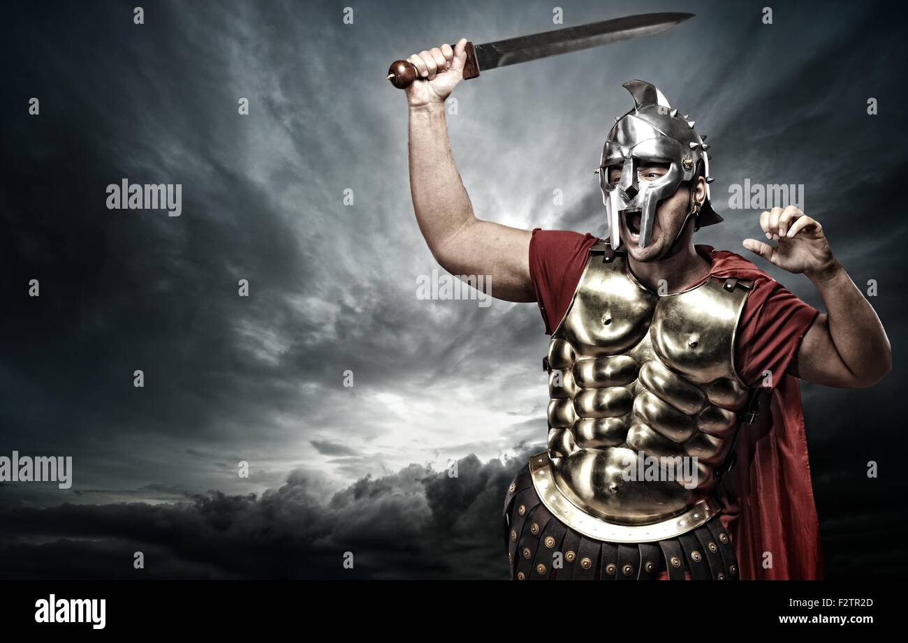 Legionary soldier over stormy sky Stock Photo - Alamy