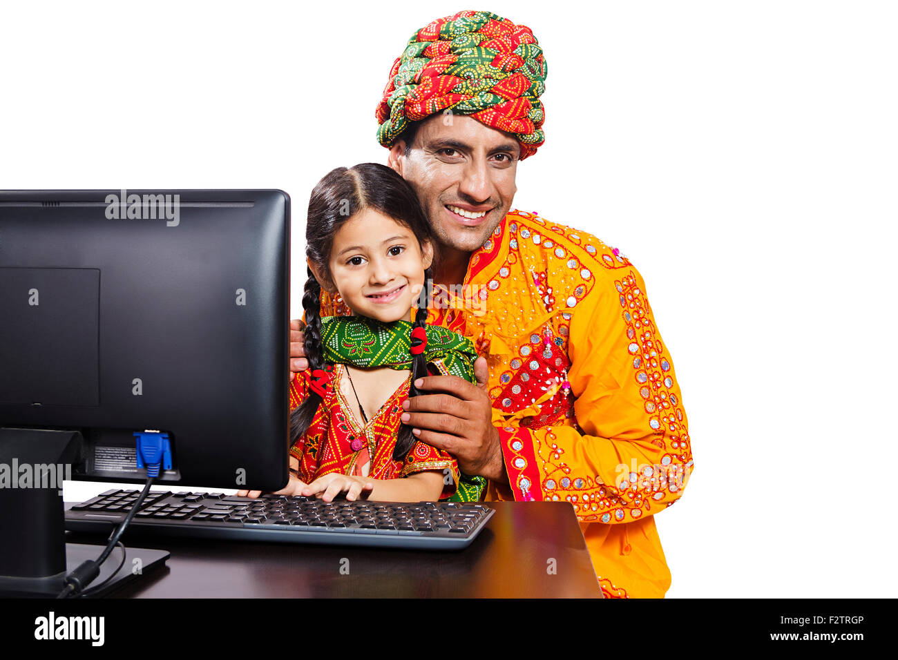 2 indian Rajasthani Villager father and daughter Computer Education ...