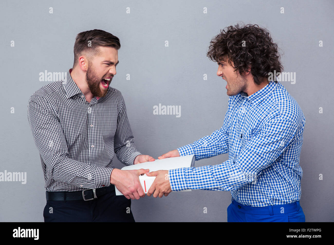 Portrait of a two men fighting for folder on gray background Stock ...