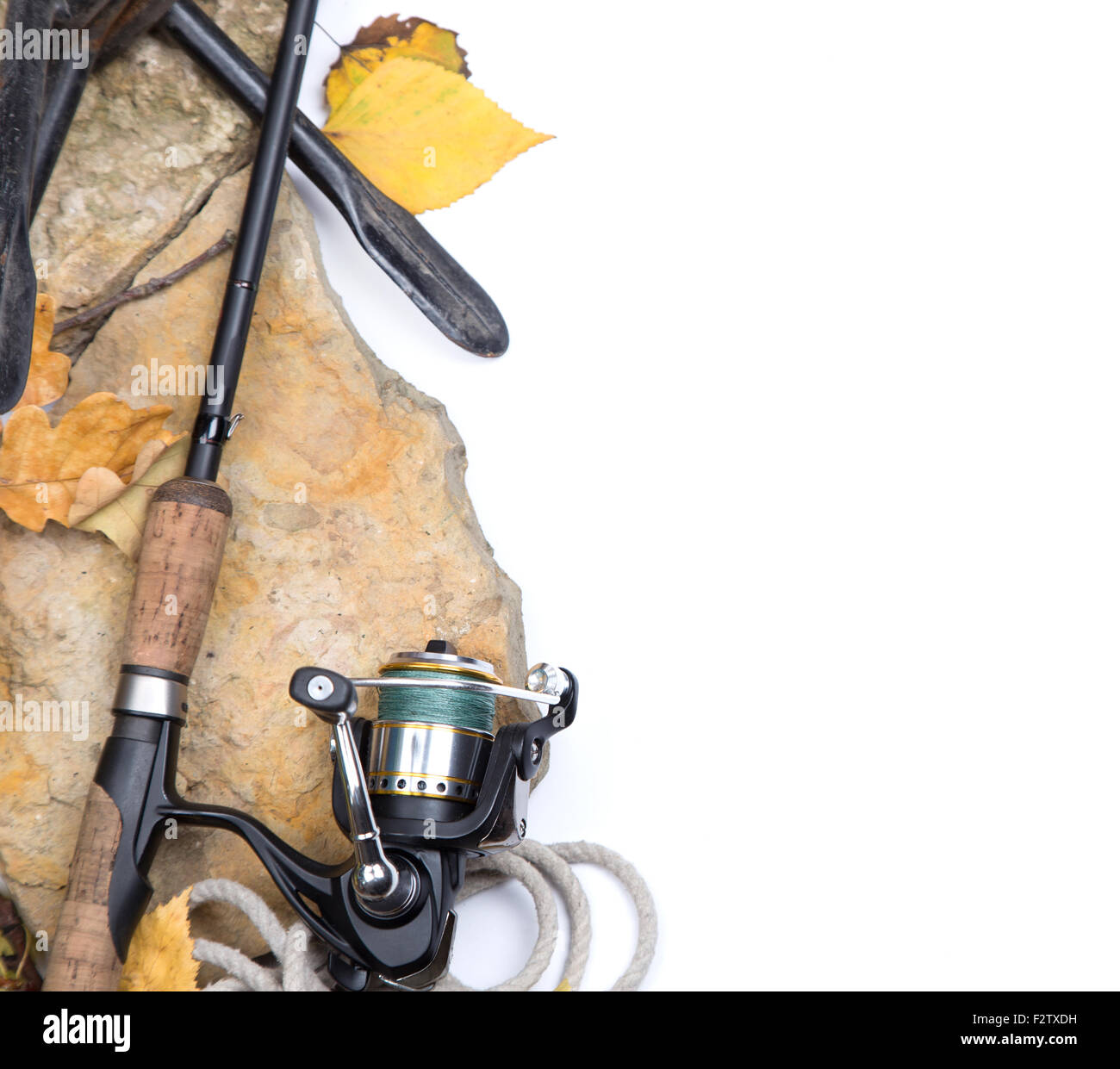 fishing rods with reel on stones with anchor and leafs on white ...