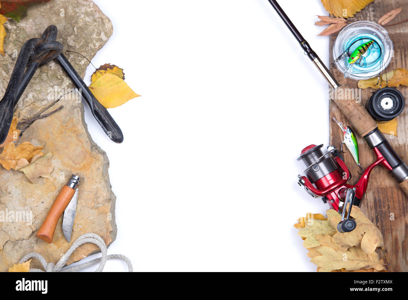 fishing rods with reel on stones with anchor and leafs on white ...