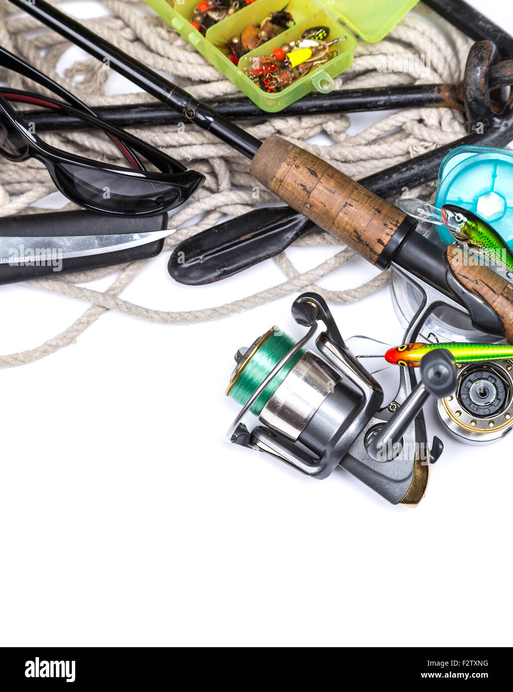 fishing tackles and anchor with cord on white background Stock Photo ...