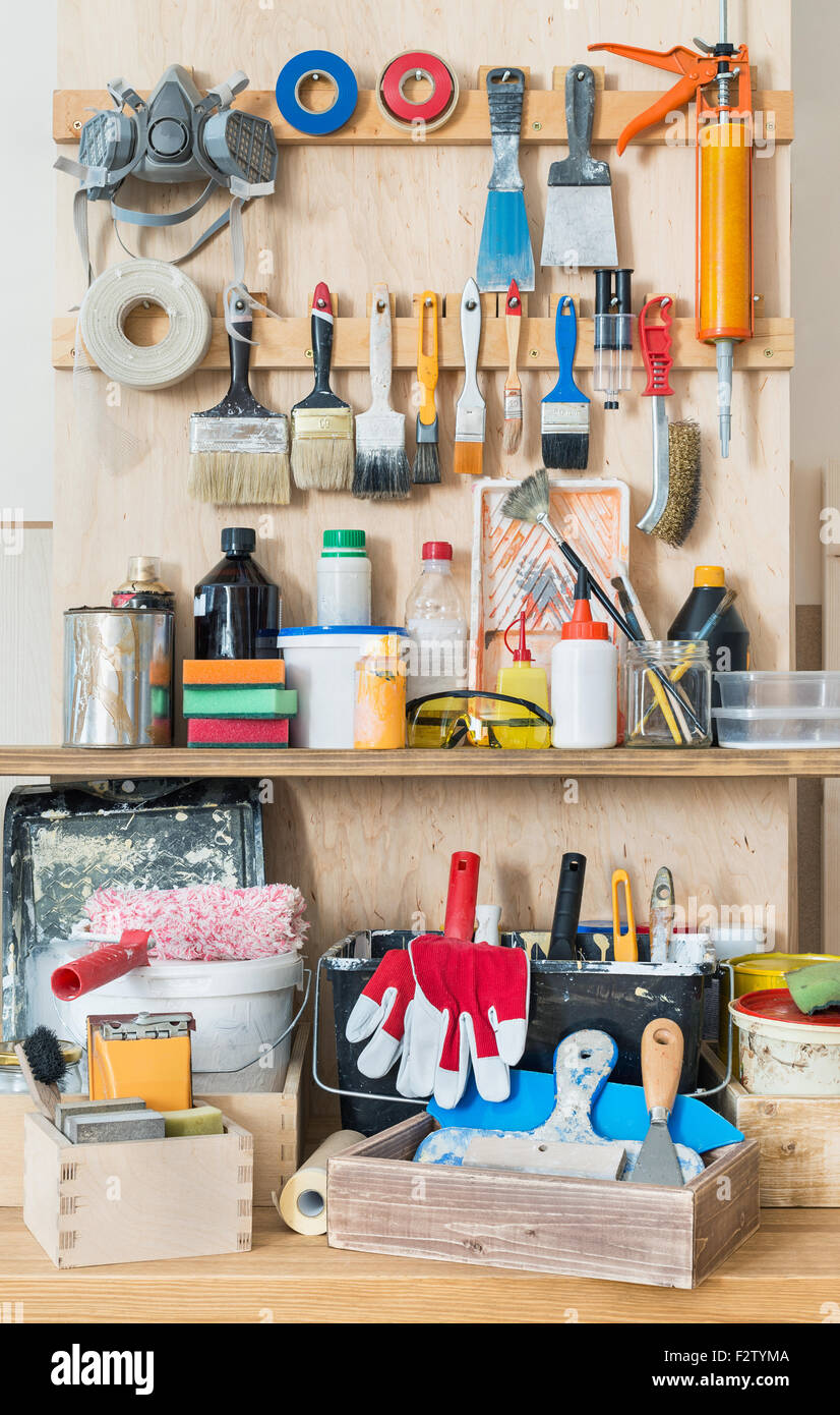 Workshop tool board with various hand tools for painting and crafting ...