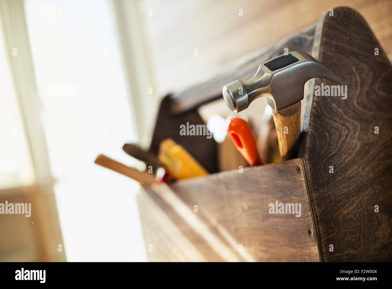 Wooden toolbox on the table Stock Photo - Alamy