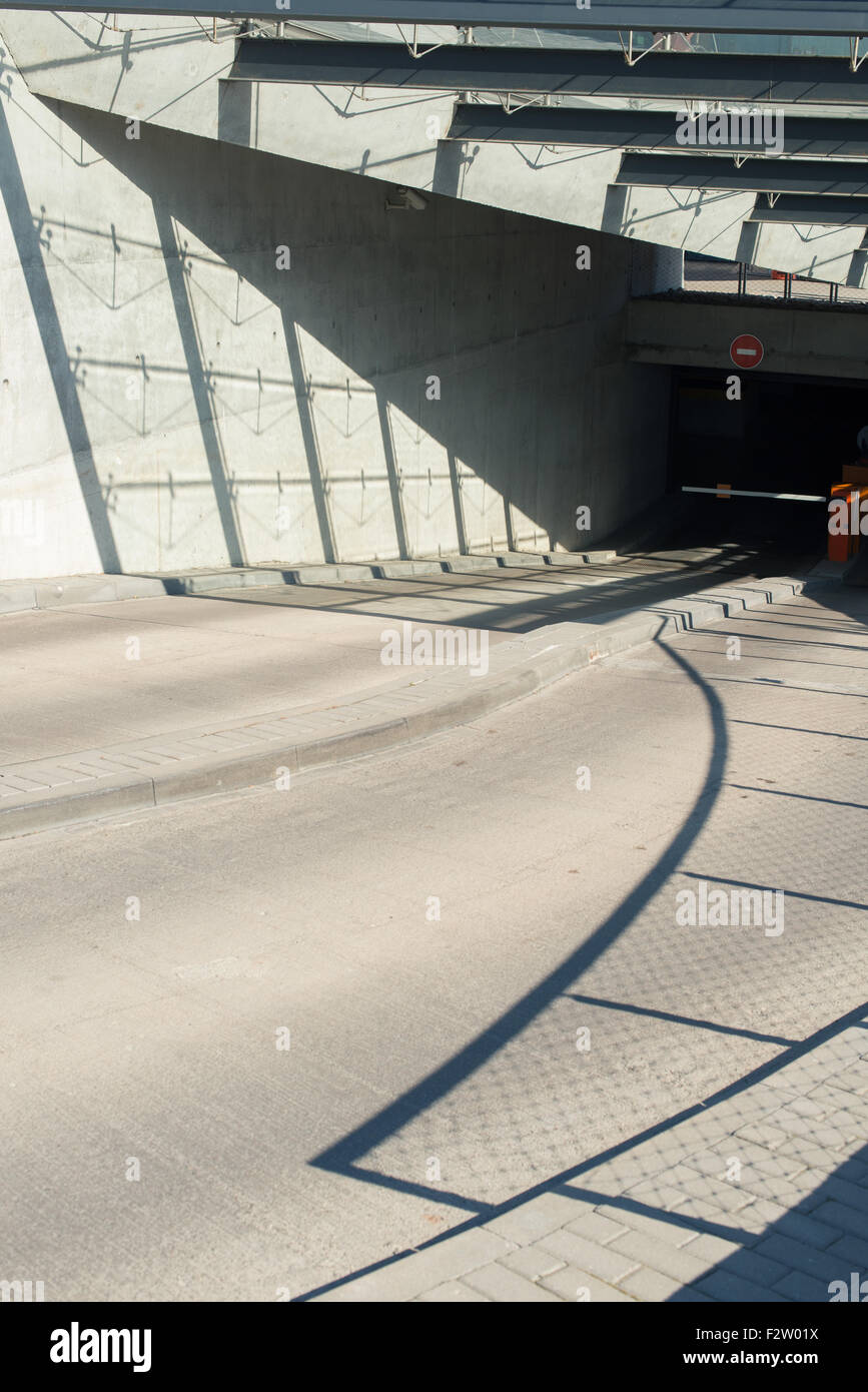 Abstract architectural forms and sharp shadows. Concrete garage ...