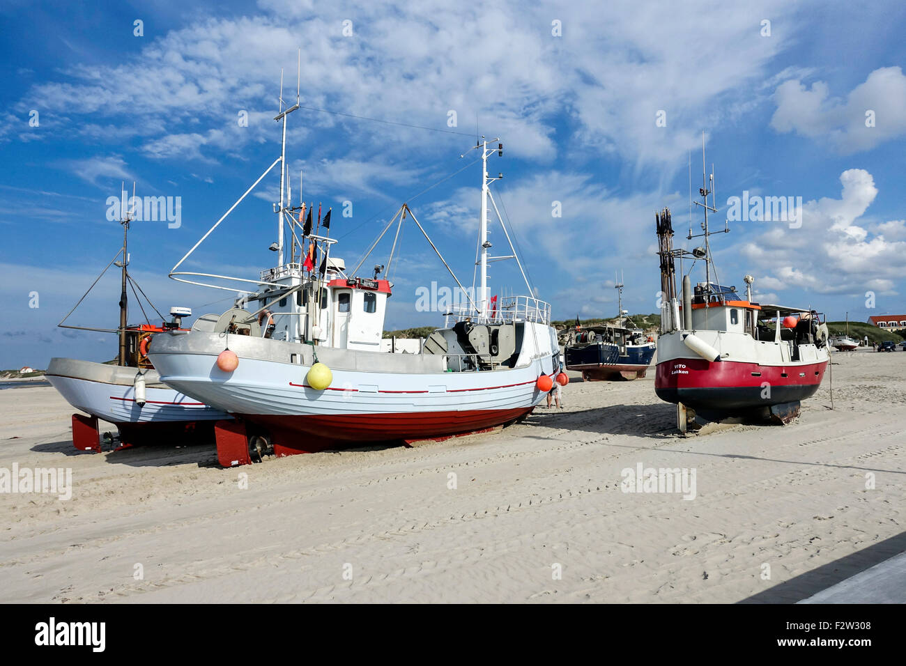Small Danish Fishing boats beached at Loekken in Northern Jutland with ...