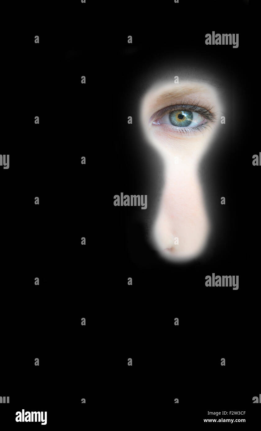 Woman with eye looking through keyhole peeping in mysterious way MR ...