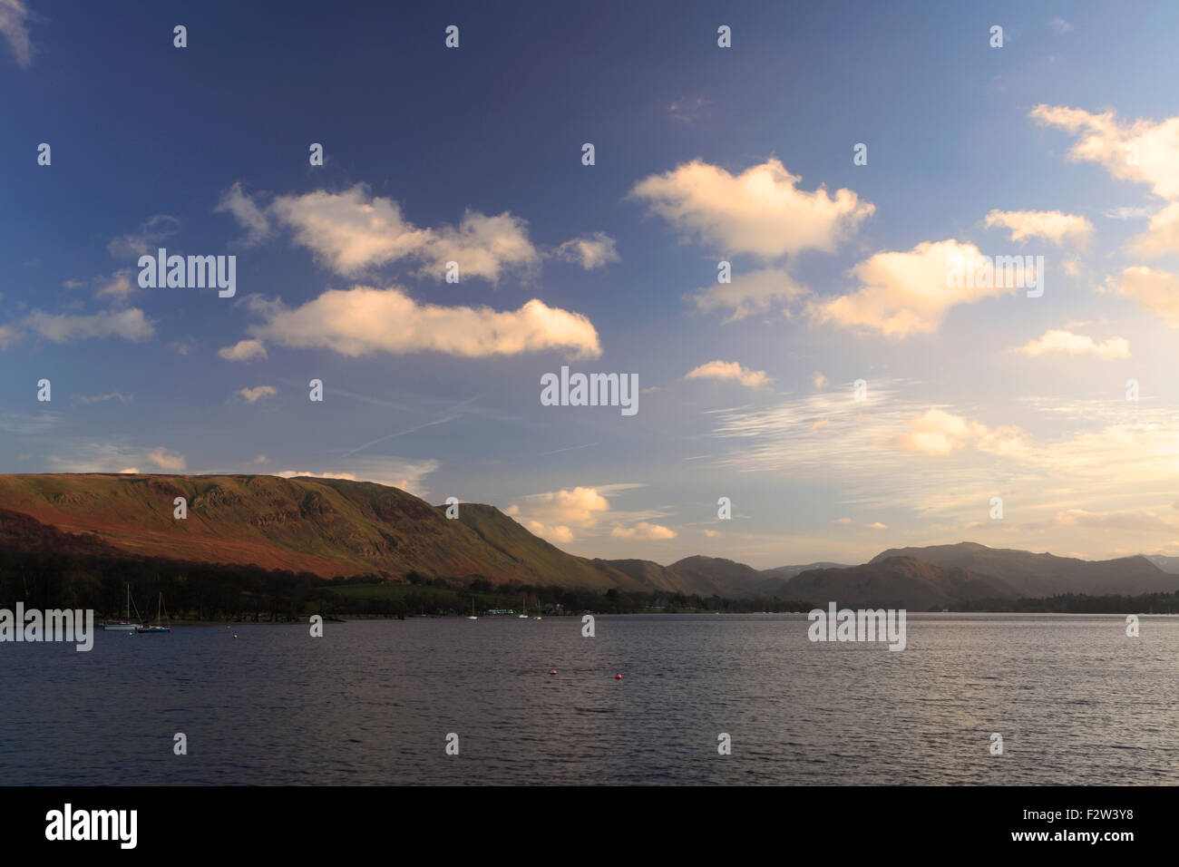 Sunset over Ullswater, Pooley Bridge village, Lake District National ...