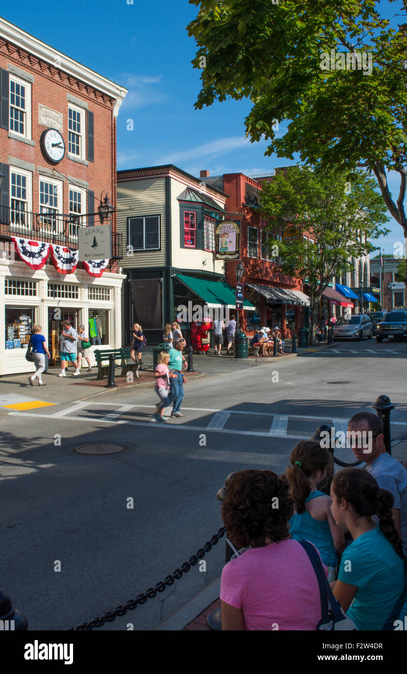 Bar Harbor Maine Main Street traffic and shops with tourists and fall ...