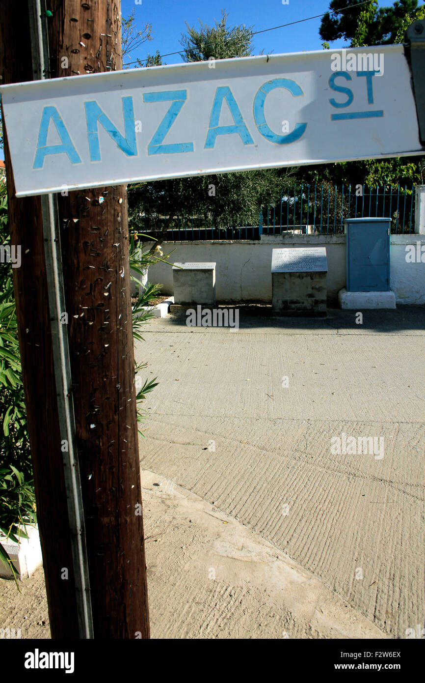 Sign, marking the begining of Anzac street (2013), opposite 2 memorials ...