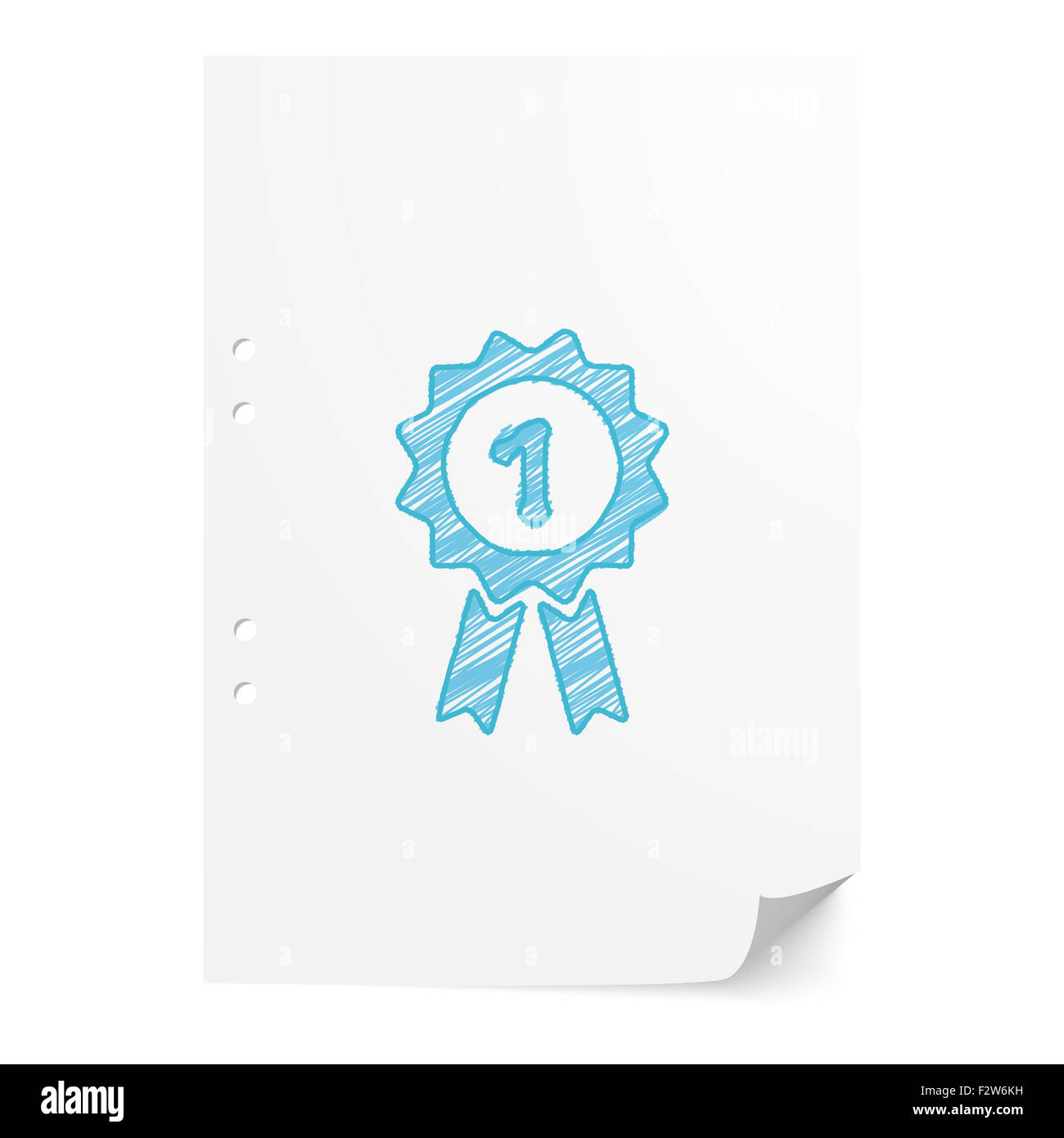 Blue handdrawn Prize Ribbon illustration on white paper sheet with copy ...