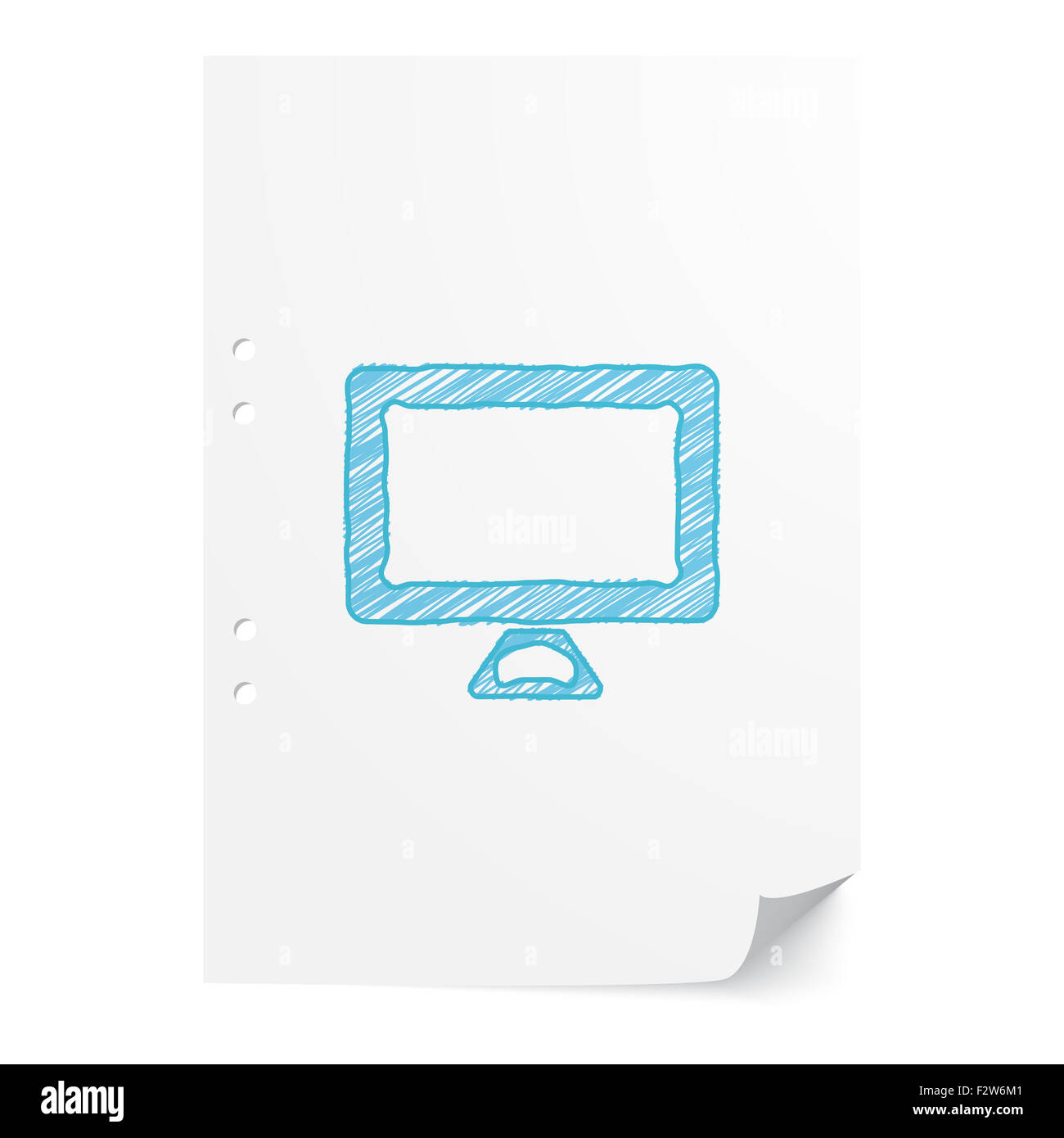 Blue handdrawn Computer Screen illustration on white paper sheet with ...