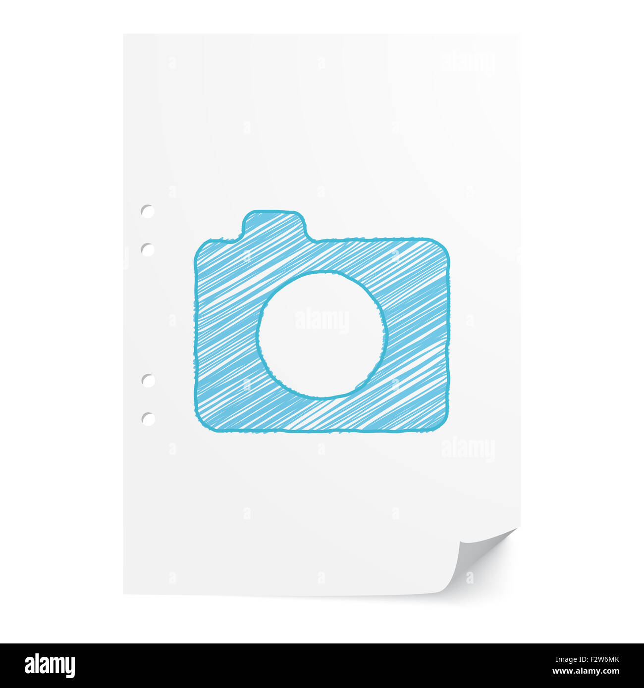 Blue handdrawn Camera illustration on white paper sheet with copy space ...