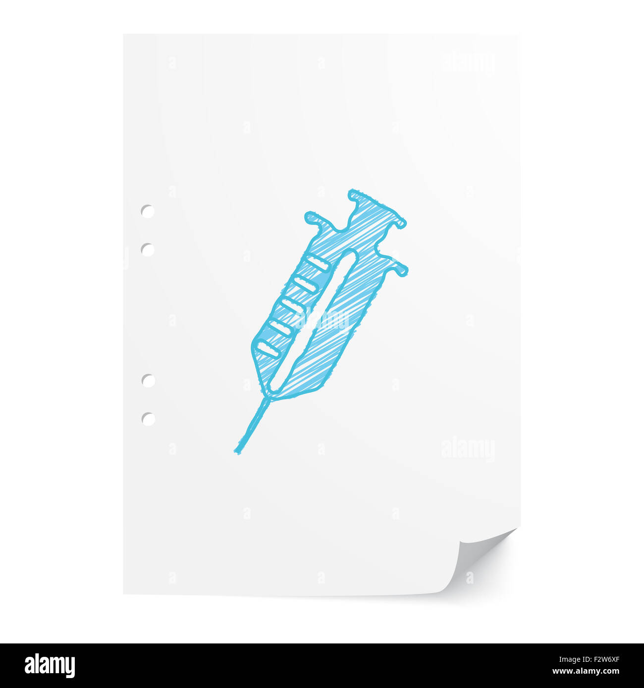 Blue handdrawn Syringe illustration on white paper sheet with copy ...