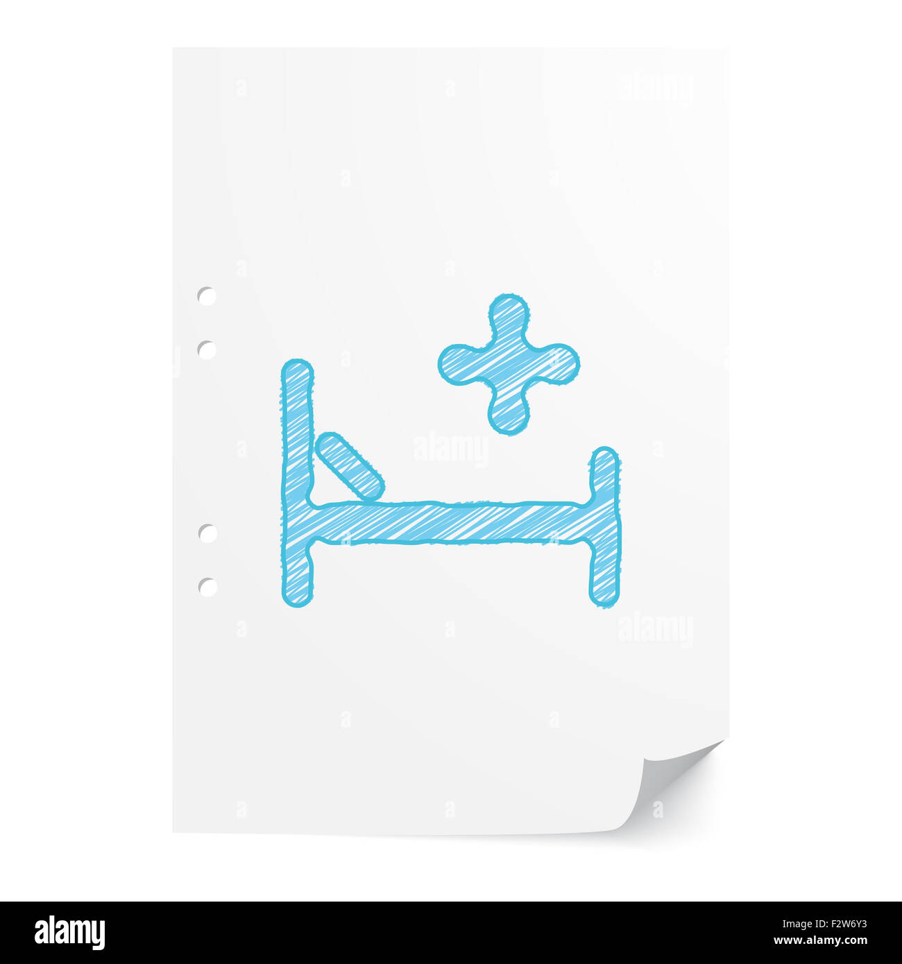 Blue handdrawn Hospital Bed illustration on white paper sheet with copy ...