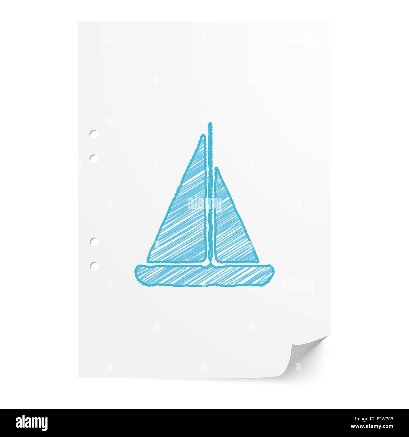 Blue handdrawn Sailboat illustration on white paper sheet with copy ...