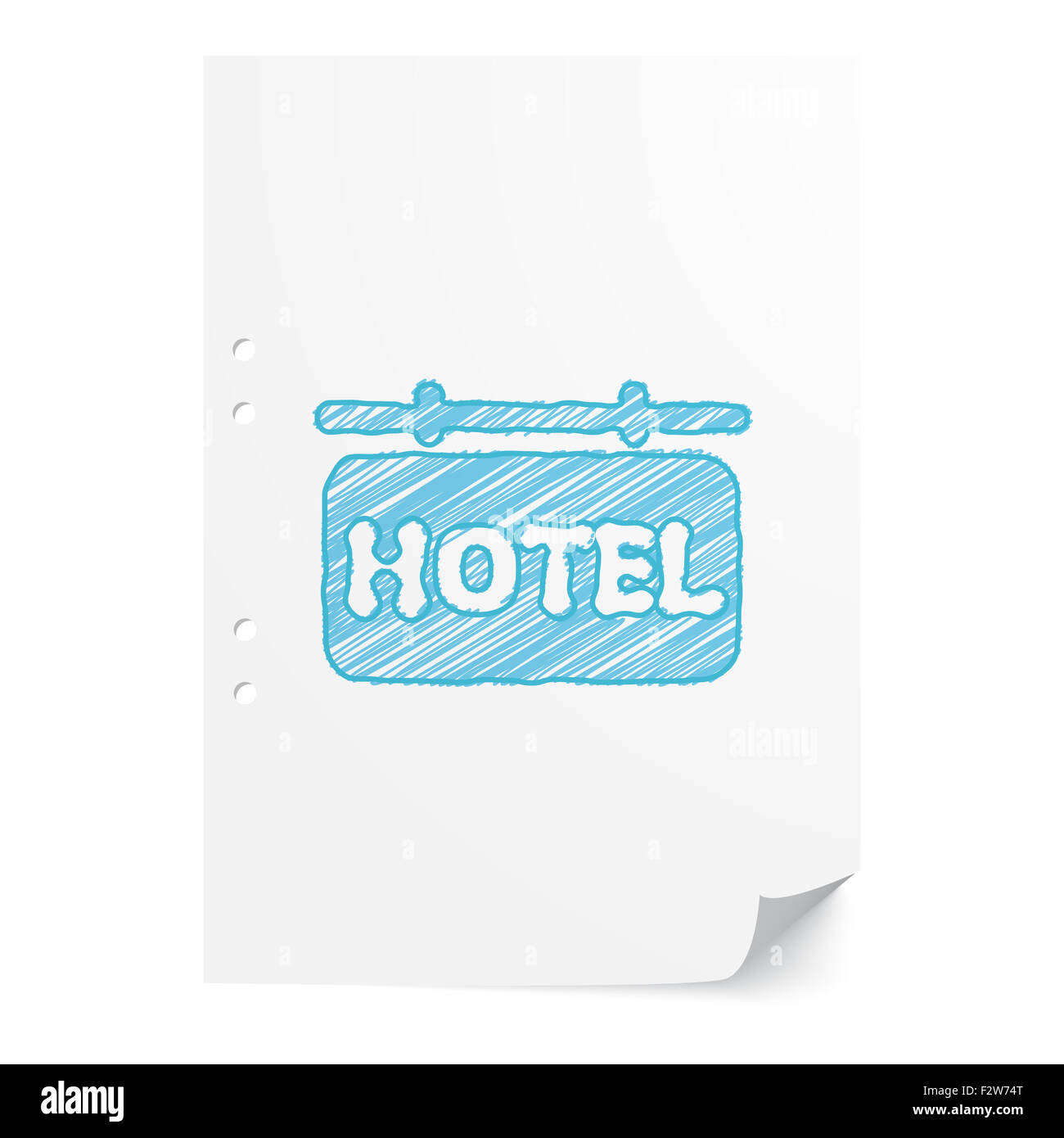 Blue handdrawn Hotel Sign illustration on white paper sheet with copy ...