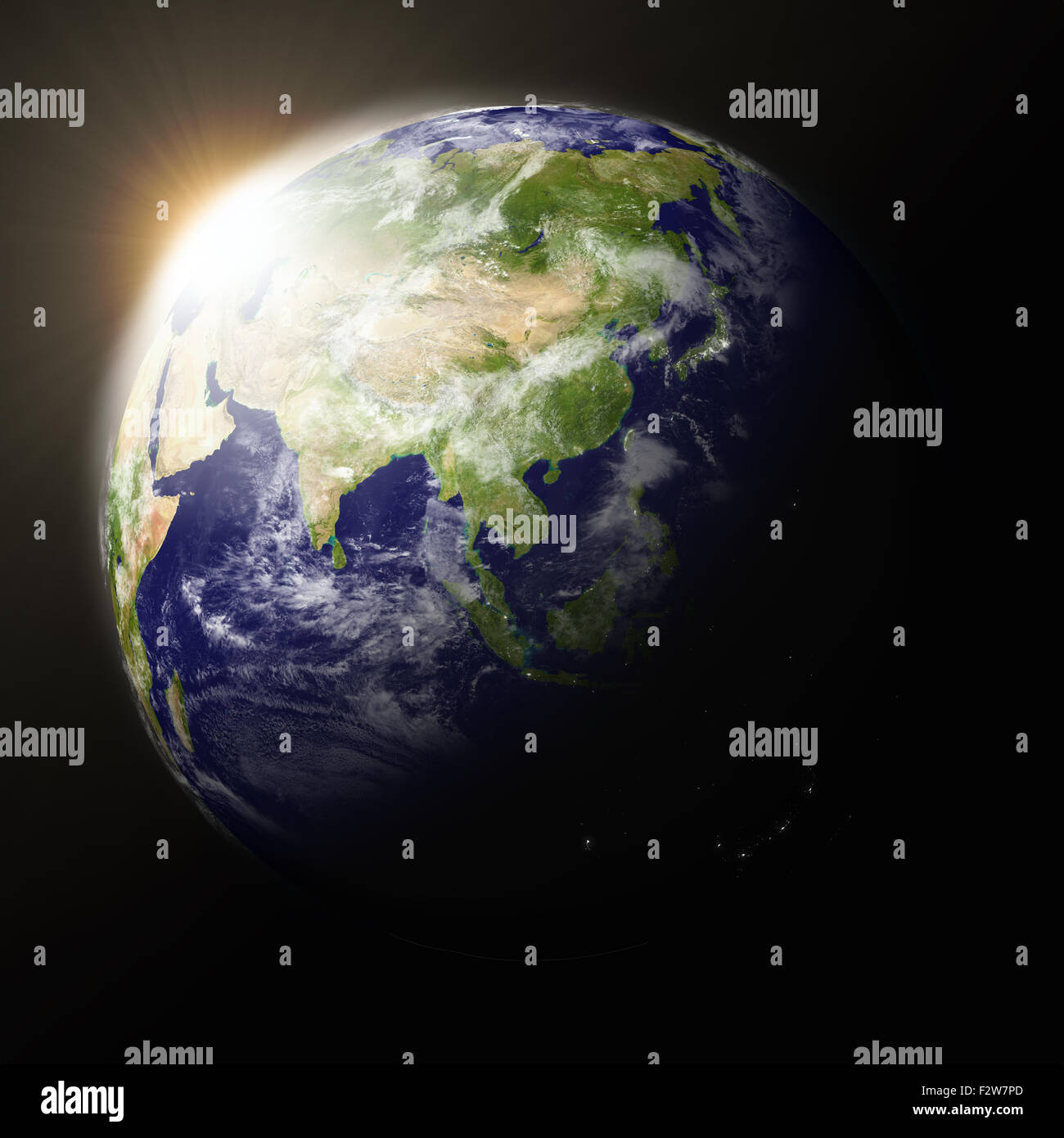 Realistic illustration of sunset over planet Earth as seen from space ...