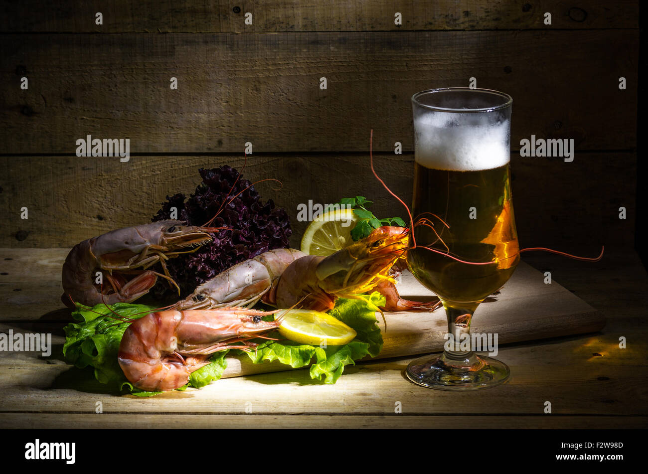still life with beer, shrimp and fresh herbs Stock Photo - Alamy