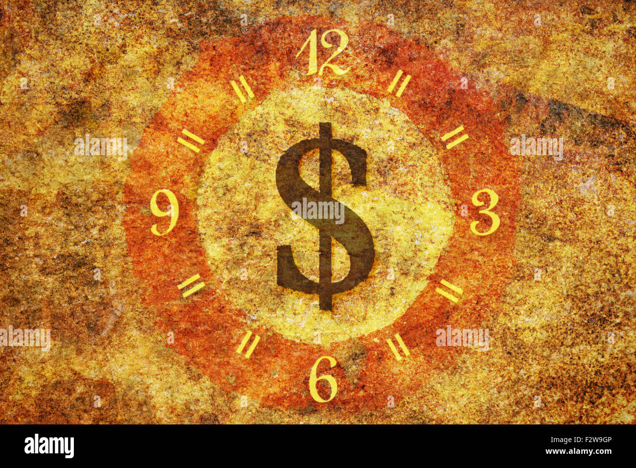 Dollar sign in the center of a bright circle on textured background ...