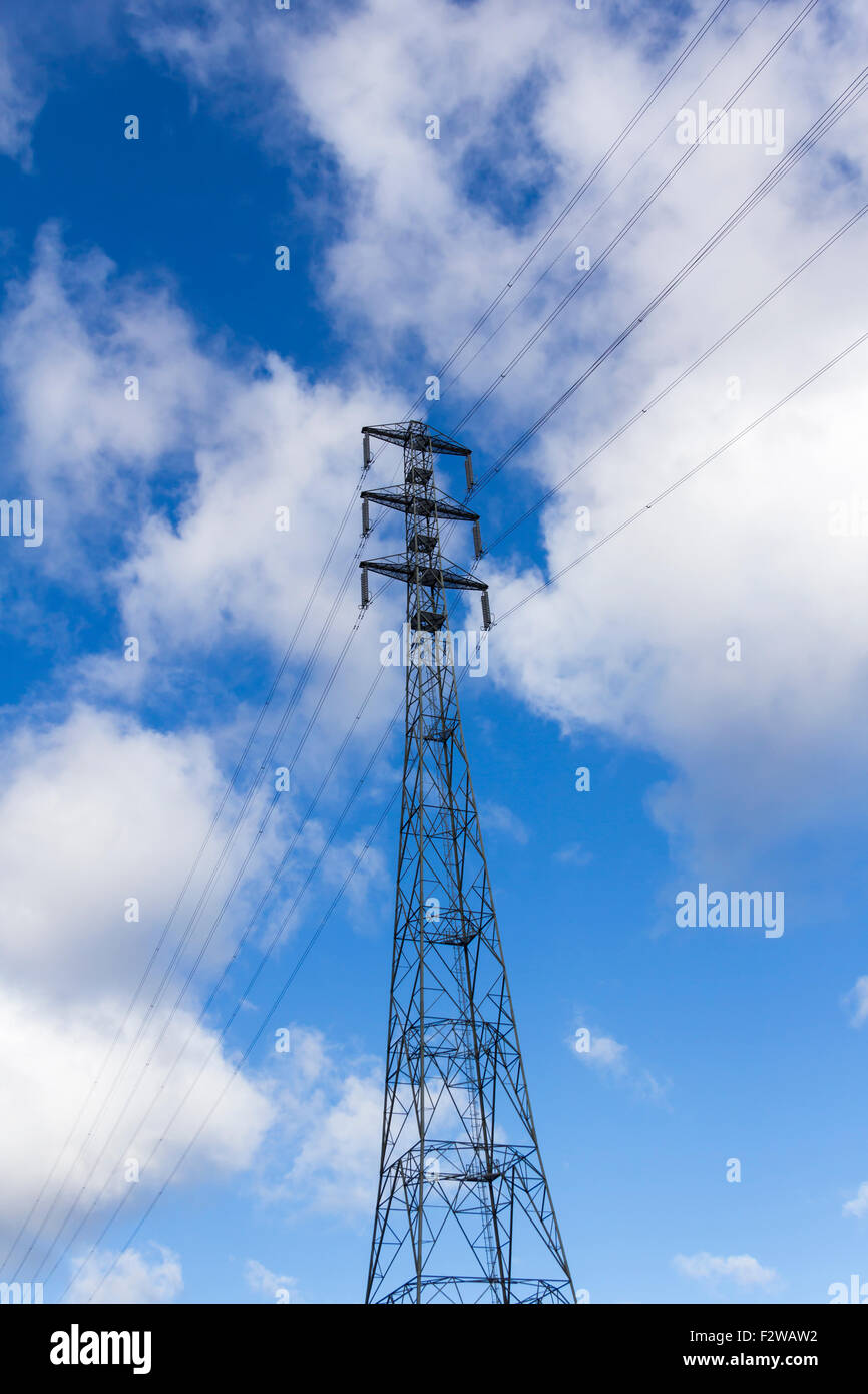 Extra tall electricity pylon, part of the UK National Grid, carrying ...