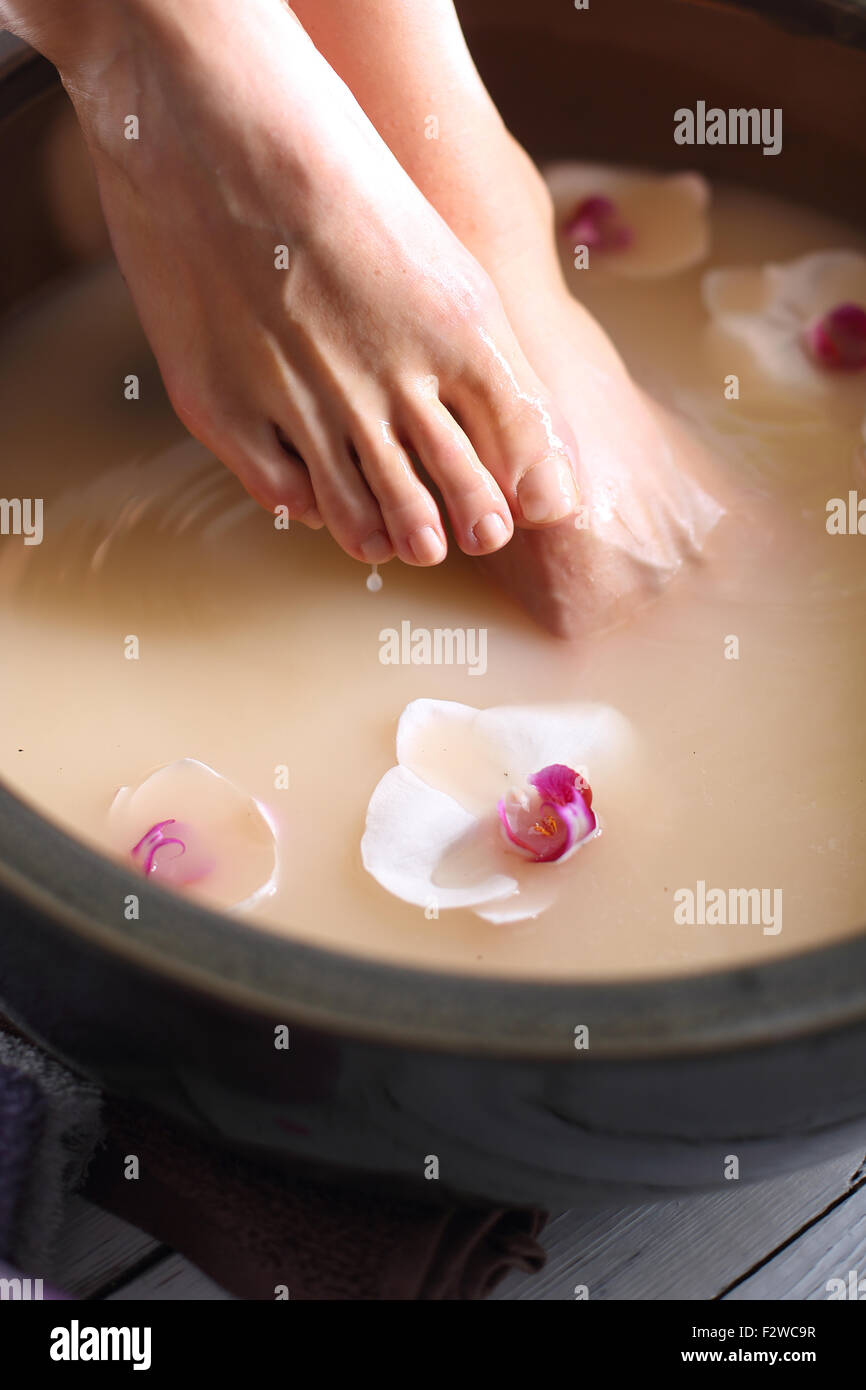 Washing of feet. Home foot care Bath for feet. Relaxing foot bath.Foot ...